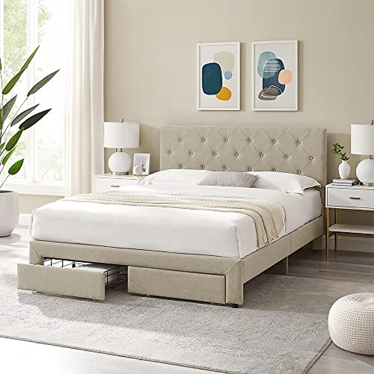 GOOD & GRACIOUS Beige Full Size Bed Frame, Platform Bed with Upholstered & Tufted Headboard and Frame with Storage Drawers