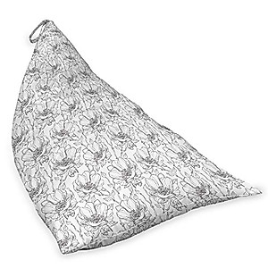 Lunarable Magnolia Lounger Chair Bag, Monochrome Pattern Hand Drawn Like Outline Close up Flowers with Ornate Leaves, High Capacity Storage with Handle Container, Lounger Size, Grey and White