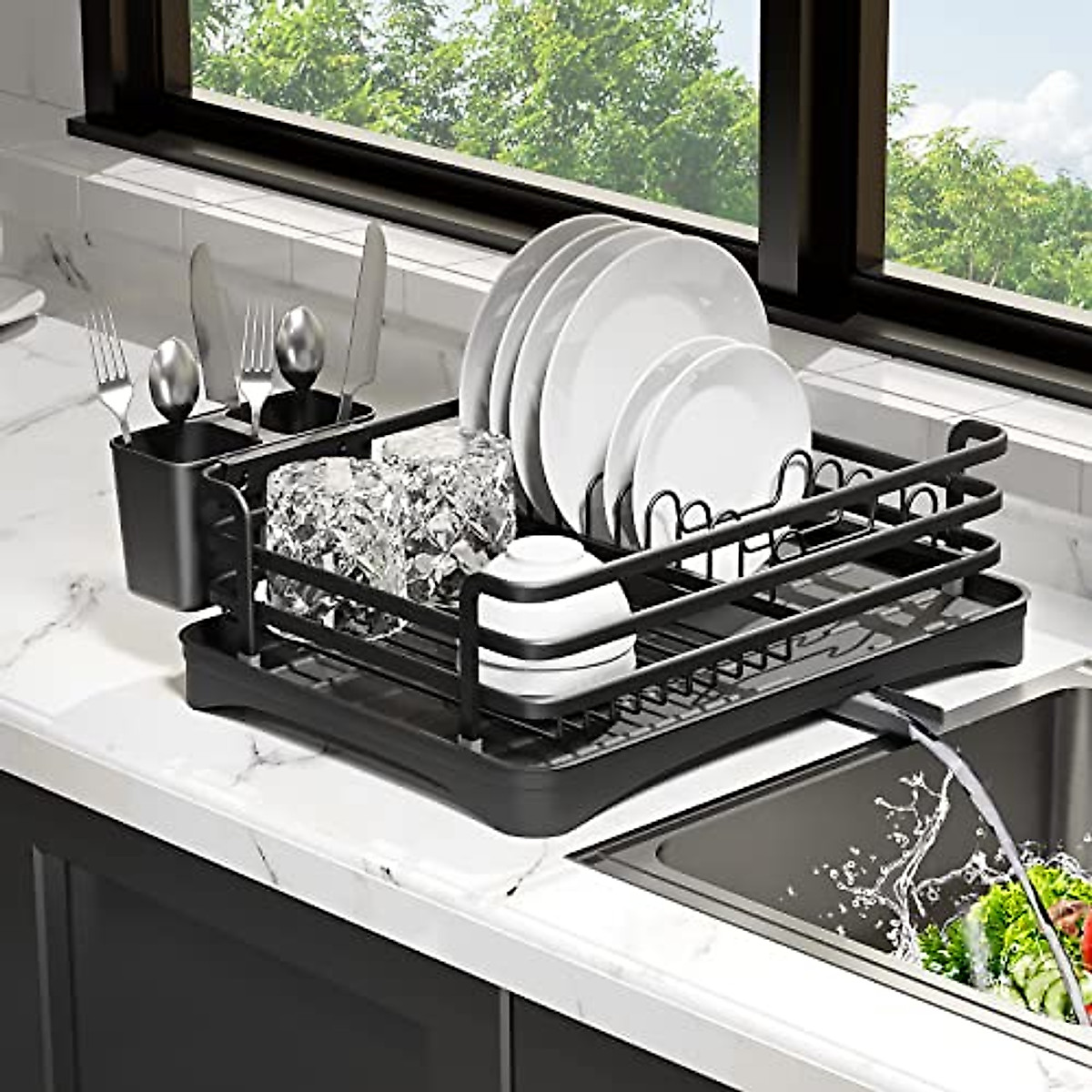 HOWDIA Dish Drying Rack, Aluminum Rust Proof Dish Rack with Swivel Spout Drying Tray, Removable Cutlery Holder for Kitchen Counter