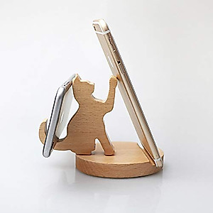 MHKBD Cute Cat Cell Phone Stand, Wooden Phone Stand Cell Phone Holder Desktop Cellphone Stand Universal Desk Stand for All Smart Phone Desk Decoration, Great Gift for Cat Lover Valentines Gift