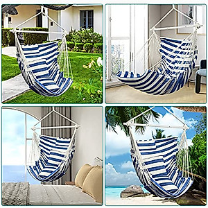 Hammock Chair, Hanging Chair with 3 Cushions and Foot Rest Support, Durable Metal Spreader Bar Max 440 Lbs, Swing Chair for Bedroom, Indoor & Outdoor, Patio, Porch or Tree（Blue and White）