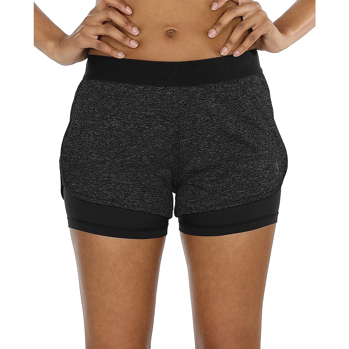 icyzone Running Yoga Shorts for Women - Activewear Workout Exercise Athletic Jogging Shorts 2-in-1 (Black Heather/Green Heather, L)