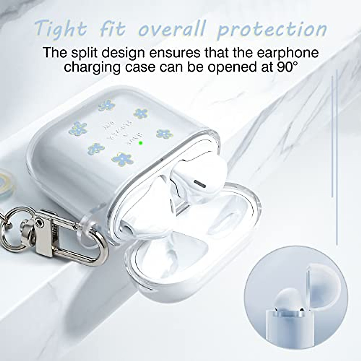 Newseego Compatible with Airpods 1&2 Case, Cute Clear Girl Fashion Blue Small Flower Design Full Protective Soft Silicone Cover with Blue Small Flower Keychain for Kids and Womens -Blue Flower