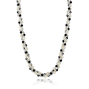 Gem Stone King White Cultured Freshwater Pearl and Black Crystal Necklace Bracelet Wedding Jewelry Set for Women | Necklace 17 Inch | Bracelet 7 Inch
