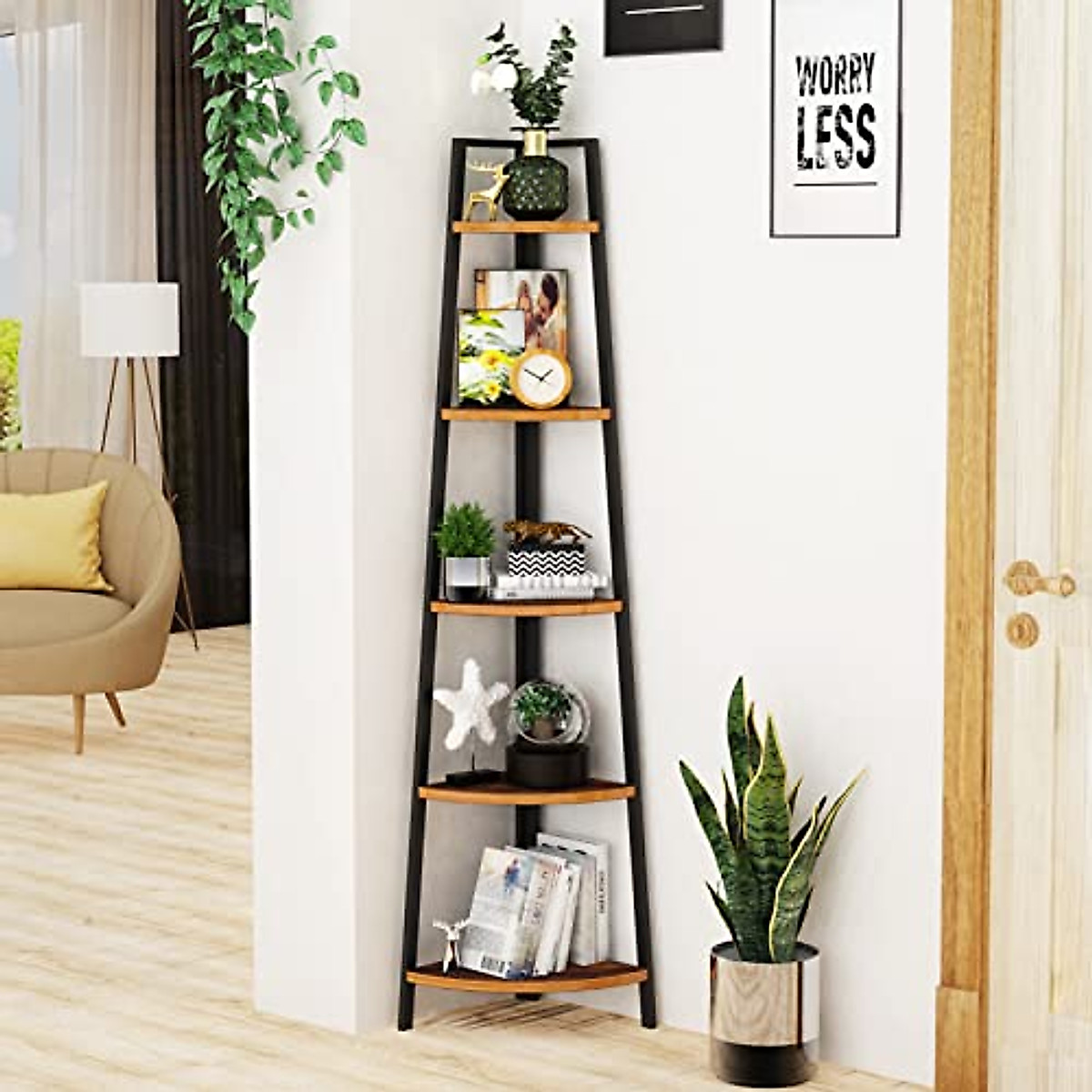 Oapety 5-Tier Ladder Corner Shelf, Display Rack Multipurpose Bookshelf and Plant Stand for Living Room(Brown)