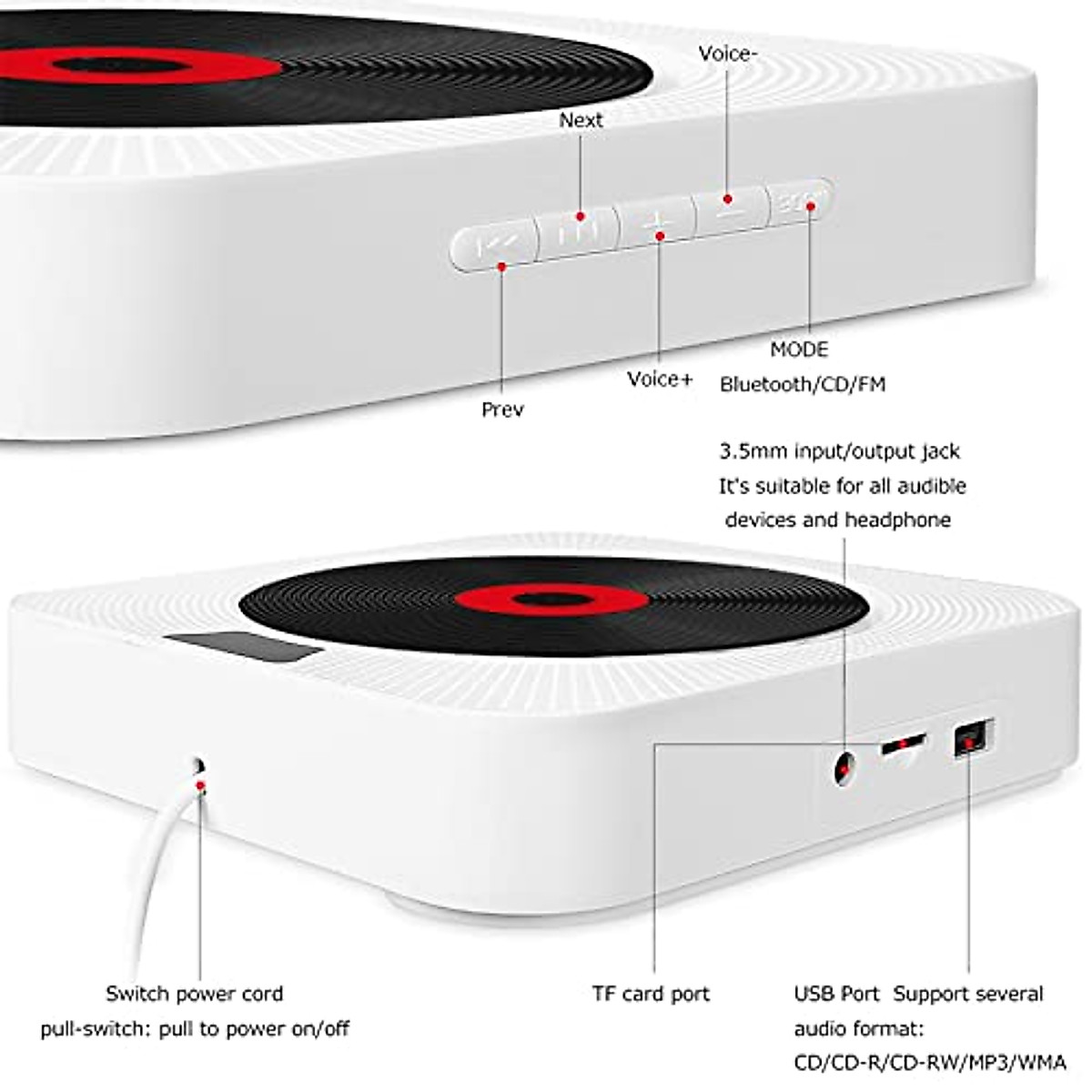 Wall Mountable CD Player Bluetooth: CD Player for Home with LCD Display Remote Control - Built-in HiFi Speakers FM Radio, Support CD/MP3/USB/TF/AUX Input Output/time and Alarm Clock