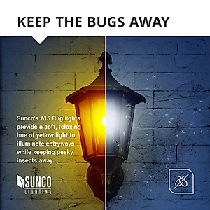 Sunco LED Bug Light Bulbs Outdoor A15 Yellow Bug Repellent Porch Light 8W Dimmable 2000K Amber Glow, E26 Medium Base, Instant On, Flicker Free, UL Listed 6 Pack