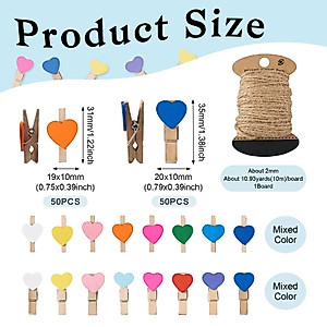 Pandahall 100Pcs Wooden Heart Clothespins Mini Photo Clips Photo Paper Pegs Clips Mixed Color Clothes Pins Holiday Card Holder Display with 10.9 Yards Jute Twine