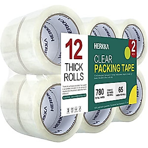 HERKKA Clear Packing Tape, 12 Rolls Heavy Duty Packaging Tape for Shipping Packaging Moving Sealing, Thicker Clear Packing Tape, 2 inches Wide, 65 Yards Per Roll, 780 Total Yards