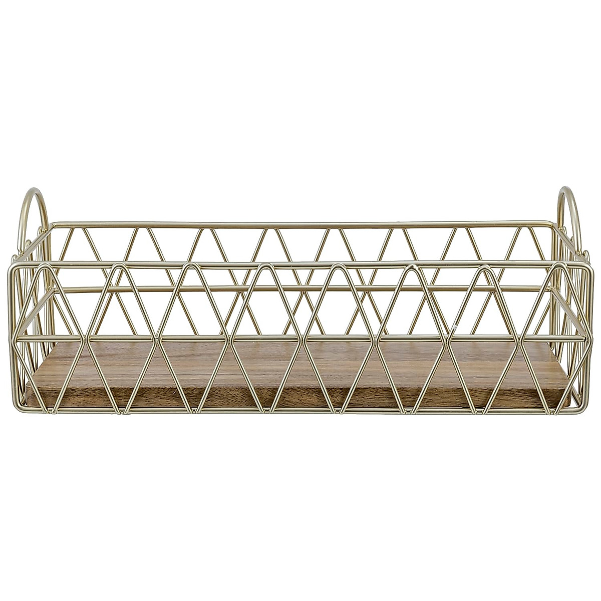 MyGift 16 Inch Toilet Tank Storage Tray with Premium Solid Acacia Wood Base and Brass Tone Metal Geometric Wire Frame, Bathroom Sink Vanity Toilet Paper Holder with Handles