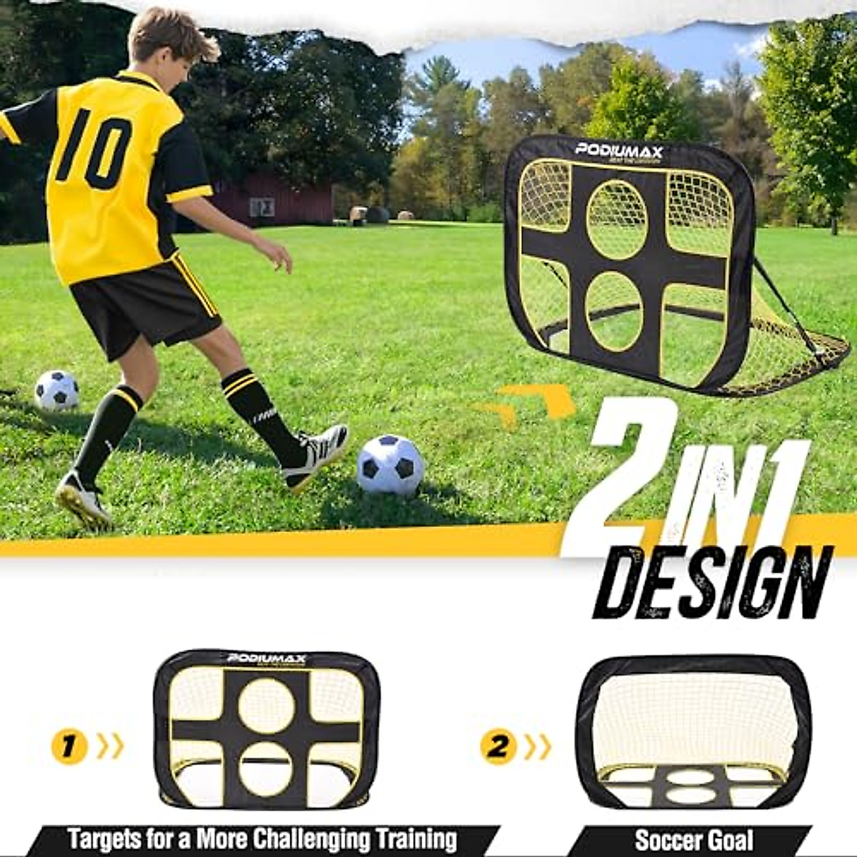 PodiuMax 2 in 1 Pop Up Soccer Goal - Indoor Outdoor Soccer Target Net for Improving Passing and Shooting Accuracy | Portable with Carrying Bag