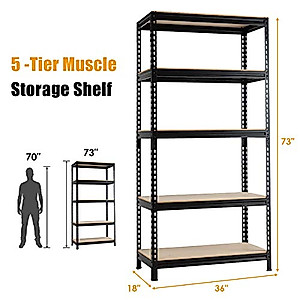 Tangkula 5-Tier Steel Storage Shelves, 73” Heavy Duty Garage Shelf with Adjustable Shelves, Boltless Shelving Unit for Free Combination, Metal Muscle Rack for Home Office Garage (4, Black)