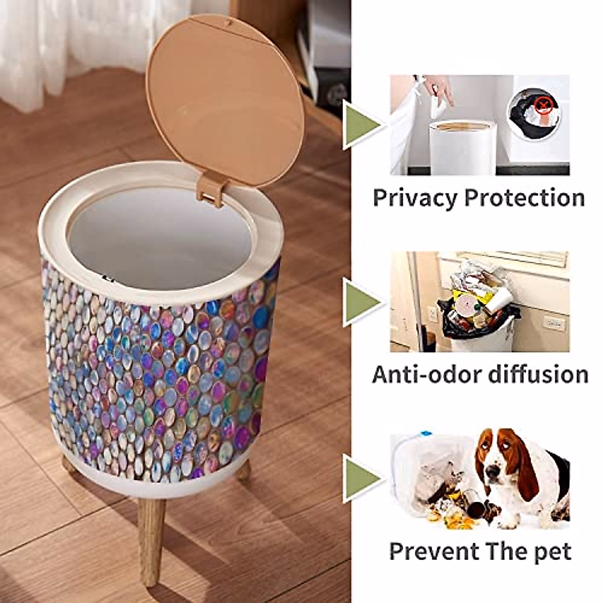 IBPNKFAZ89 Small Trash Can with Lid Round Purple Glass Garbage Bin Wood Waste Bin Press Cover Round Wastebasket for Bathroom Bedroom Kitchen 7L/1.8 Gallon