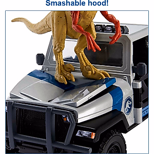Mattel Jurassic World Search 'n Smash Truck Set with Atrociraptor Dinosaur & Human Action Figure, Vehicle with Destruct Features