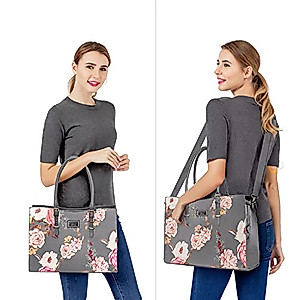 MOSISO Laptop Tote Bag Compatible with MacBook Air 15 inch M3 M2/Pro 16 M4 M3 M2 M1 & 15-15.6 inch Notebook, Peony Waterproof PU Leather Travel Work Briefcase with Adjustable PU Handle, Grey