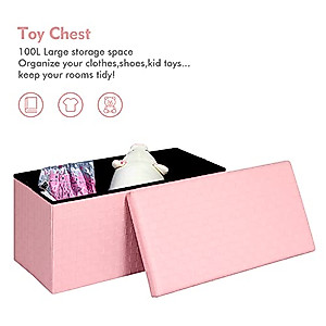 B FSOBEIIALEO Folding Storage Ottoman, Faux Leather Footrest Stool Long Bench Toy Box Chest for Girls, Pink 30 x15 x15 inches , Large