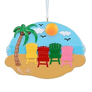 Family Christmas Ornament 2024 - Personalized Family of 4 Beach Vacation Ornament - Chairs on Beach Holiday Ornament - Family Tropical Beach Vacation Keepsake Gifts - Free Customization