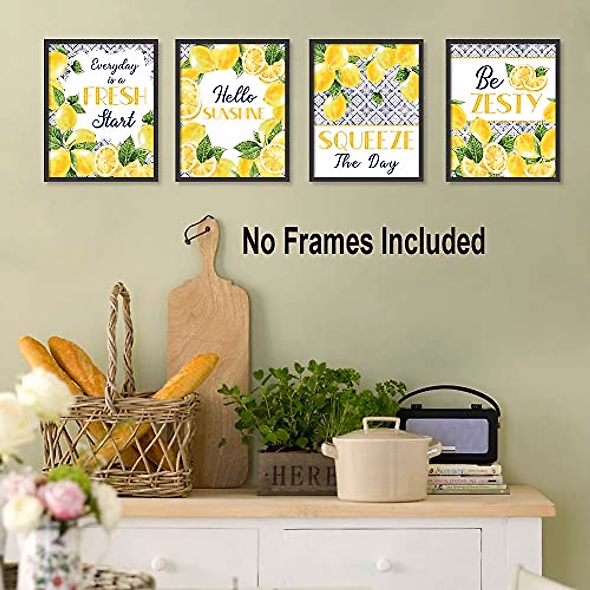 HLNIUC Lemon signs Art Prints, Inspirational Blue Pattern Yellow Lemon Pictures Set Of 6(8”X10”, Unframed), Fruit Botanical Poster Green Leaf Modern Wall Art For Bed Room Living Room Kitchen Decor