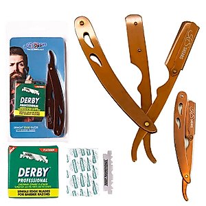 KS SHEARS Straight Razors For Men Kit - Mens Straight Razor Shaving Kit with 100-Pack Derby Platinum Blades, Barber Straight Razor with Safety Straight Razor Blades, Barber Razor For Men - Rose Gold