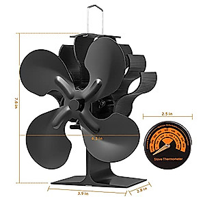 Slivek 4-Blades Fireplace Stove Fan with Thermometers, Silent Motors Heat Powered Wood Stove Fan Non-Electric with Thermometer for Wood Burning Stove, Pellet, Log Burner