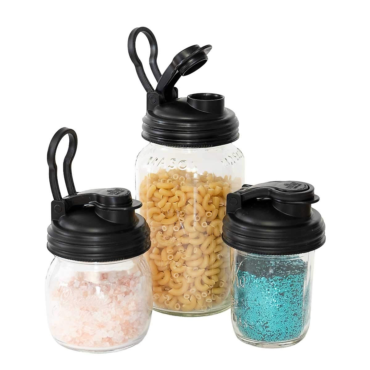 reCAP Mason Jar Pour Cap and Drinking Lid | 3 Pack | Black | Regular Mouth | Made in the USA | Leak-proof | No-break material