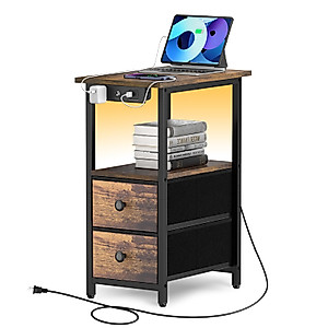 OUTONLIFE Side Table with LED Dimmable Light & Charging Station, Nightstand with 2 Fabric Drawers, 2 USB Ports & AC Outlet, Narrow End Table with Storage for Bedroom, Living Room, Office, Small Space