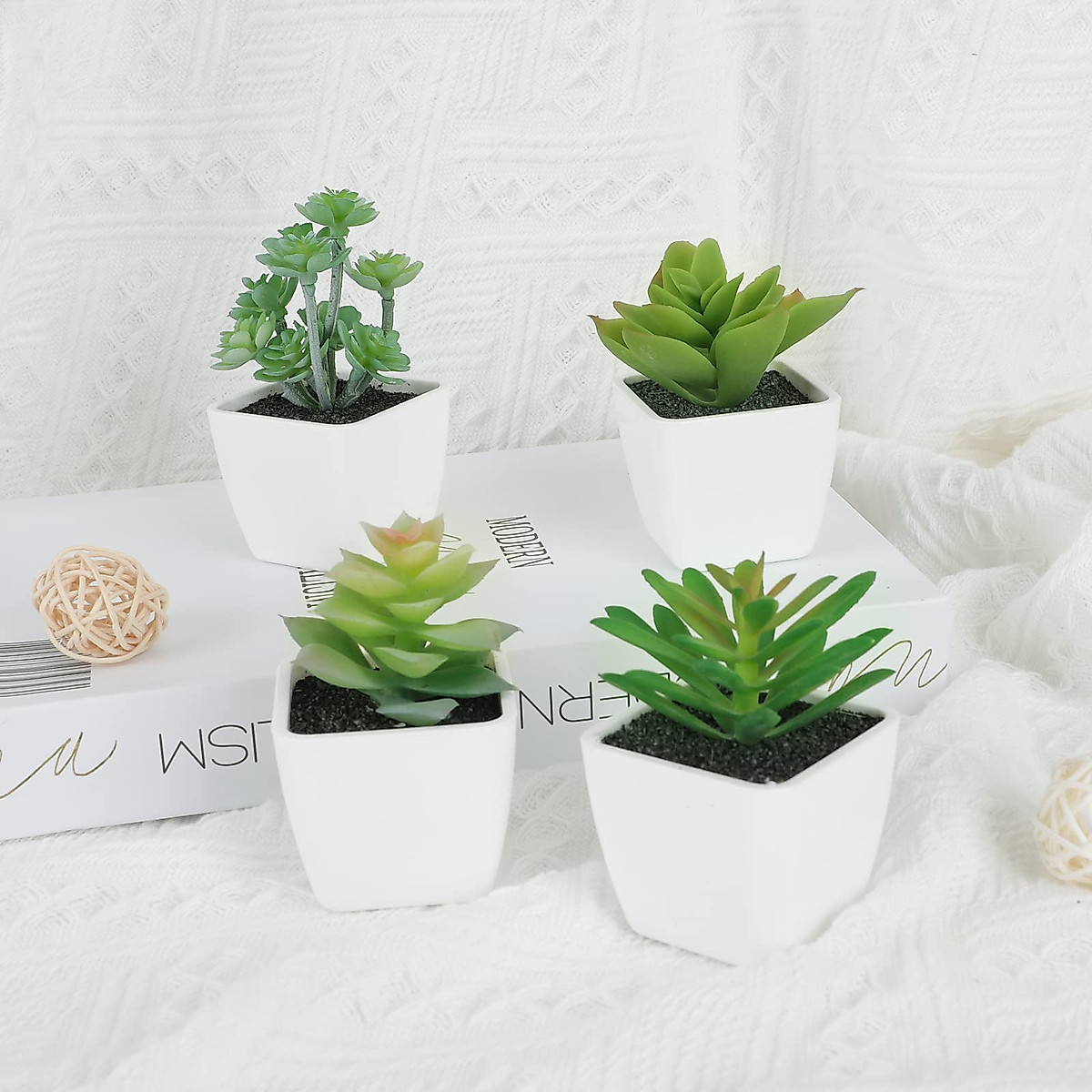 COCOBOO Artificial Succulents in Pots 4pcs Succulents Plants Artificial, Fake Succulents Small Potted Fake Plants for Desk Shelves Living Room Bedroom Kitchen Office Windowsills Decoration