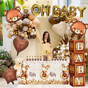 Teddy Bear Baby Shower Decorations for Boy Girl Bear Themed Birthday Party Supplies We Can Bearly Wait Backdrop Wood Grain Baby Boxes with Letters Balloon Arch for Gender Reveal Boy Baby Shower Decor