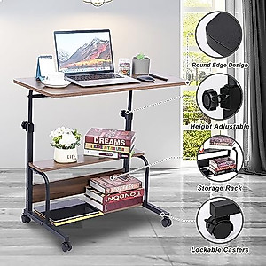 Portable Desk Small Desks for Small Spaces Laptop Table Brown Rolling Adjustable Desk on Wheels Mobile Couch Desk for Bedroom Home Office Computer Standing Desk Student Desk with Storage 32x16 Inch