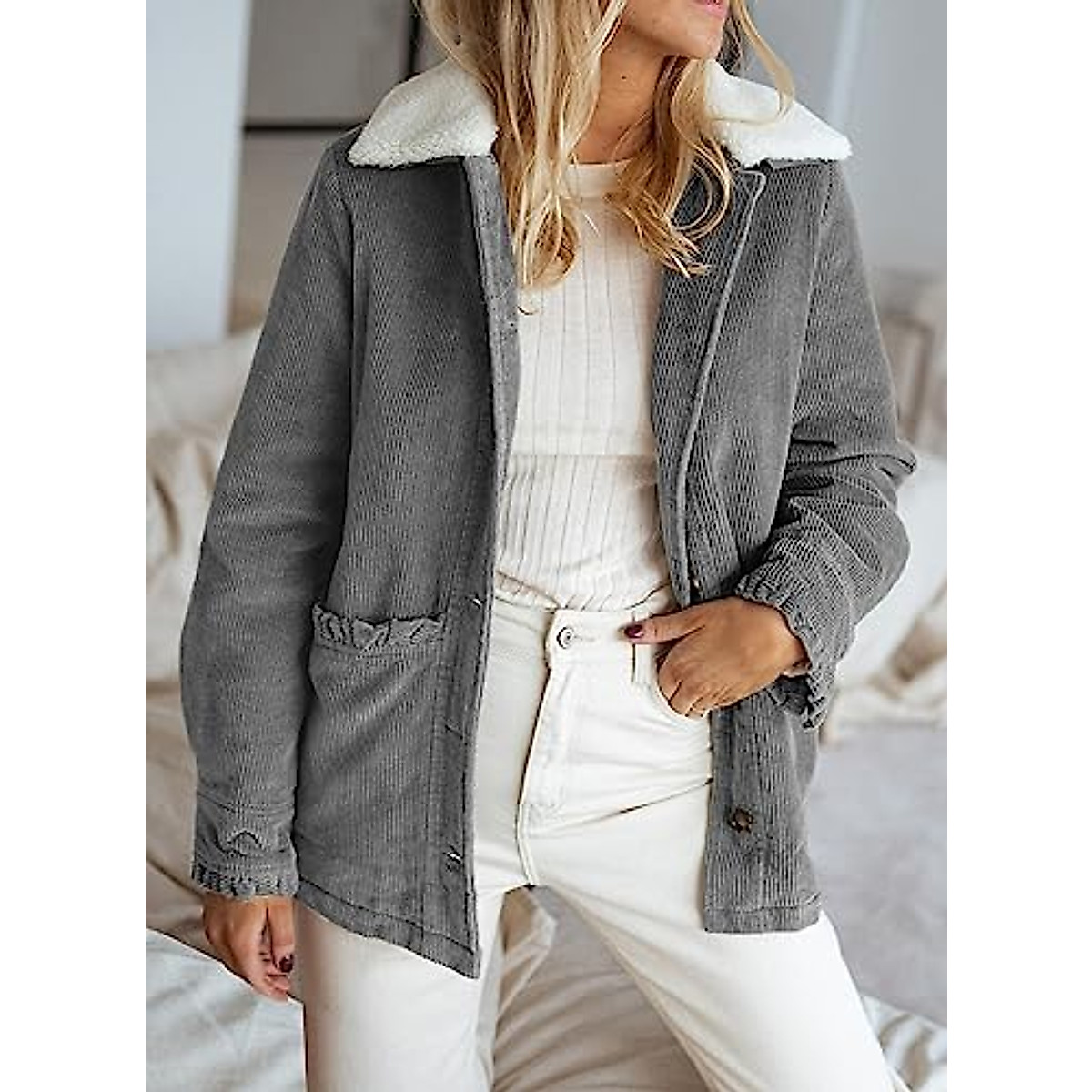 Dokotoo Womens Casual Jackets Winter Warm Thick Sherpa Lined Corduroy Jacket Teddy Bear Button Down Fleece Fluffy Lapel Collar Ruffle Long Sleeve Cute Fall Coat Outwear with Pockets Gray XL