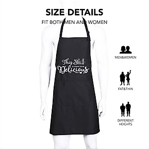 Ihopes Funny Black Apron for Women Men - This is Going to be Delicious - Cute Kitchen Chef Apron with 2 Pockets and Adjustable Neck Strap - Perfect Gifts for Birthday/Christmas/Thanksgiving for Family