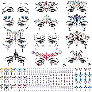 SIQUK 17 Sheet Face Sticker Jewels Eyes Jewel Set with 12 Sheet Mermaid Face Jewels Glitter Face Gems Rhinestone Face Crystal and 5 Sheet Eye Face Body Gems Crystal Tears Jewel for Festival Party