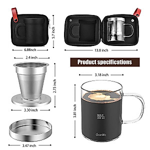 Oranlife Pour Over Coffee Maker Set for Travel/Camping/Hiking, Single Cup, Stainless Steel Coffee Filter, 14 Oz Borosilicate Glass Mug, Extra Permanent Lid and Moulded Neoprene Case, at Home/Office