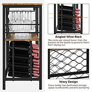 Yaheetech Wine Rack Table with Glass Holder, Industrial Wine Bar Cabinet with 25-Bottle Wine Storage and 6 Hooks, Coffee Bar Table Liquor Cabinet for Bar, Buffet, Living Room, Kitchen, Rustic Brown