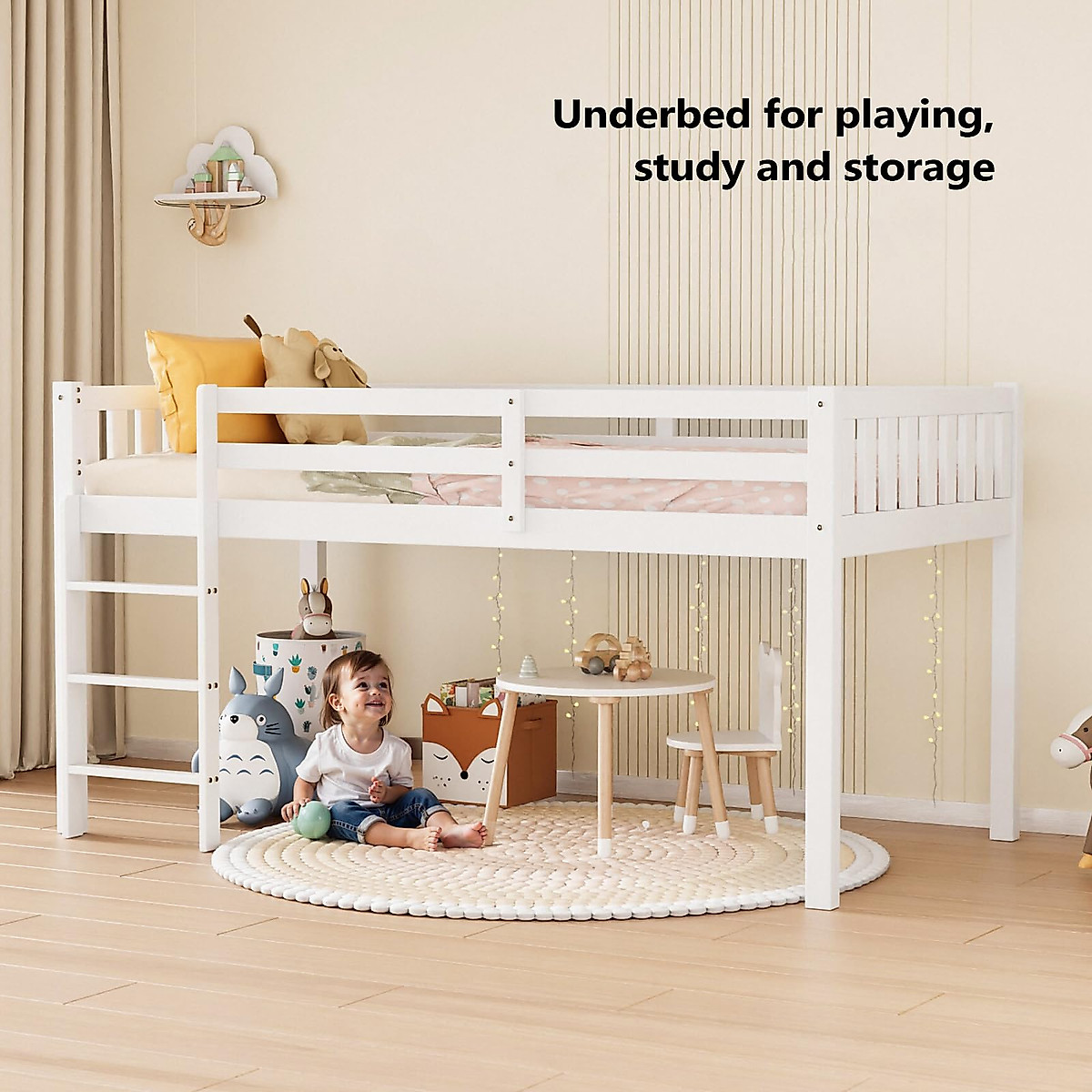 JOYMOR Twin Loft Bed Low Loft Bed Frame for Little Kids Small Room/Low Ceiling Bedrrom with Guardrail and Ladder, White
