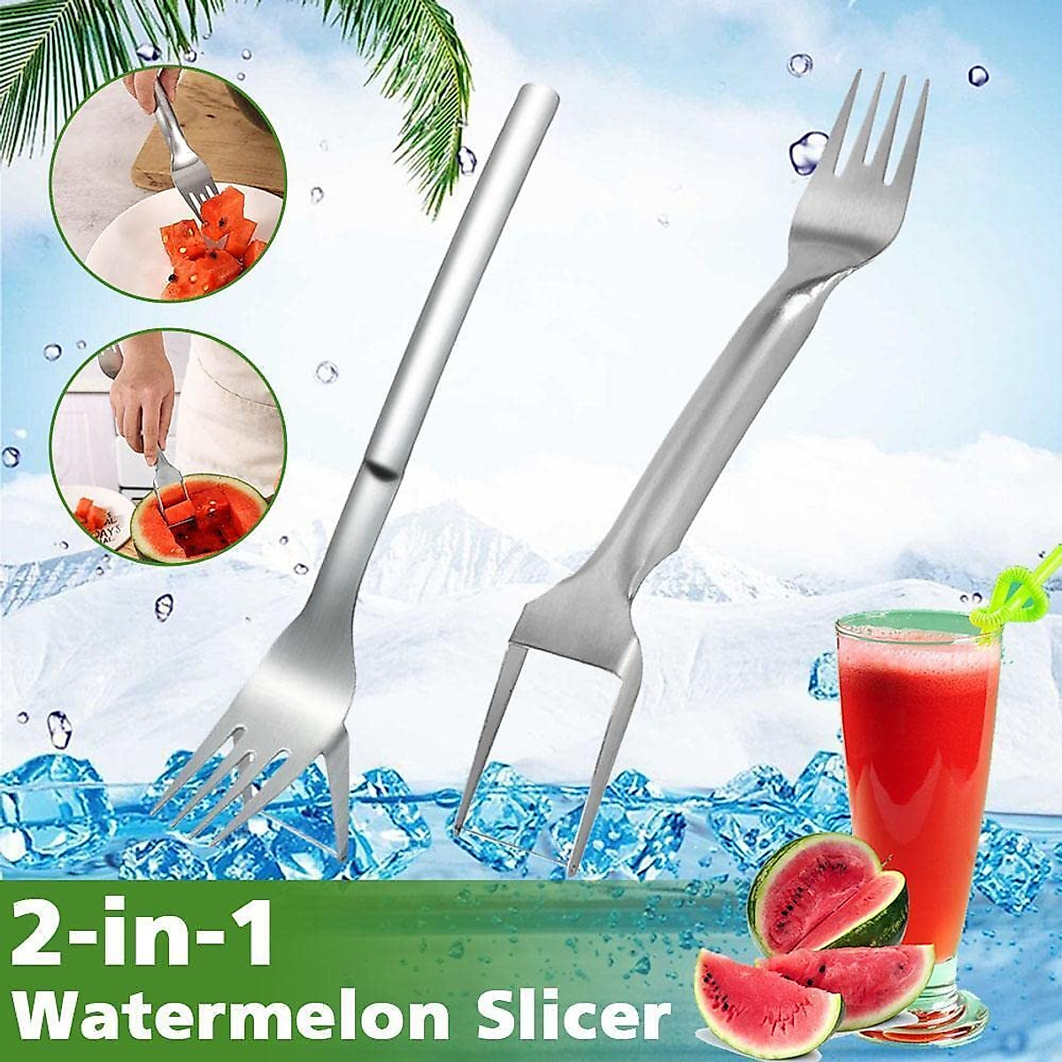 2-in-1 Watermelon Fork Slicer，Watermelon Slicer Cutter，Stainless Steel Watermelon Fork Slicer，Portable Summer Watermelon Cutting Artifact，For Family Parties Camping (A+B)