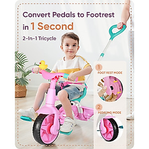 KRIDDO 2 in 1 Kids Tricycles Age 18 Month to 3 Years, EVA Wheels Upgraded, Gift, Trikes for Toddlers 2 to 3 Year Old with Push Handle and Duck Bell, Pink