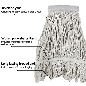 10Pcs Commercial String Mop Head, Loop-End Mop Head Replacement, Heavy Duty Mop Head Refills, Cotton Looped End Wet Cleaning Mop Refill for Floor Cleaning, Home, Industrial and Commercial Use (White)