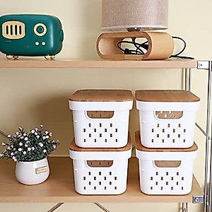 Citylife 4 PCS Storage Baskets with Bamboo Lids Plastic Baskets for Organizing Stackable Storage Bins with Handle for Shelves, 10.16 x 6.81 x 5.31 inch
