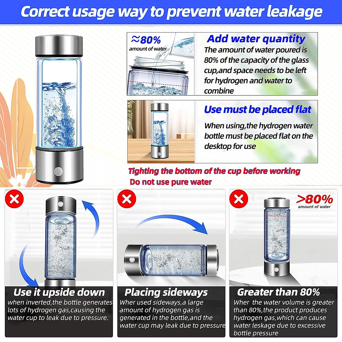 Hydrogen Water Bottle, Hydrogen Water Bottle Generator 2 Pack 2024 w SPE/PEM Tech Water Ionizer, Portable Hydrogenated Water Machine Improve Water in 3 Minutes Hydrogen Rich Glass Bottles Healthy