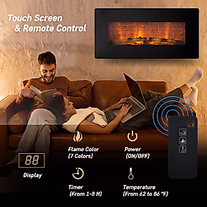 YUSING 36 inch Freestanding Electric Fireplace, Wall Mounted and Freestanding Fireplace Heater, 7 Flame Colors, Adjustable Temperature and Timer, 1500W Control by Touch Panel & Remote