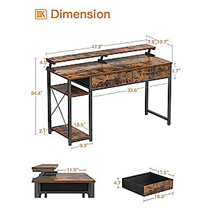 ODK Computer Desk 47" Table: Office Desk with Cloth Drawers & Wood Storage Shelves, Home Work Writing Desk & Large Space Monitor Stand, Rustic Brown