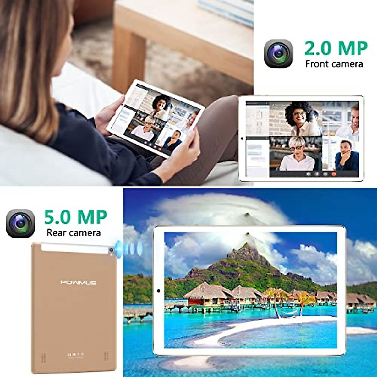 POWMUS 10 Inch Tablet Android 10 Phone Tablet, Tablet with Dual SIM, 32GB Quad Core, IPS Touchscreen, 8MP Rear Camera WiFi GPS Bluetooth USB C, Support 3G Phone Call, Include Tablet Leather Case