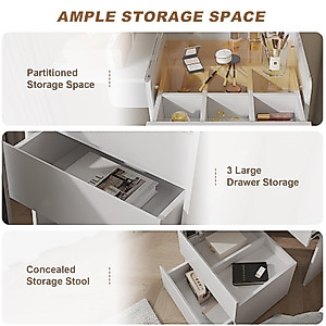 HIMAmonkey Small Makeup Vanity with Mirror and Lights, 3-in-1 Vanity Desk with 3 Drawers, Corner Vanity Set with Soft Stool, Compact Dressing Table for Living Room/Bedroom-19.7in/White