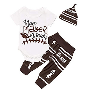 Aslaylme Newborn Baby Boy Clothes Coming Home Outfit New Player in Town Football Romper (Brown, 0-3 Months)