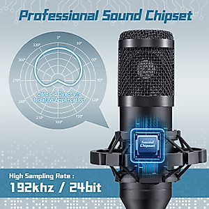 ovedisa USB Microphone, Professional 192kHz/24Bit Plug & Play PC Computer Condenser Cardioid Mic Kit with Sound Advanced Chipset, for Streaming, Podcast, Studio Recording and Games