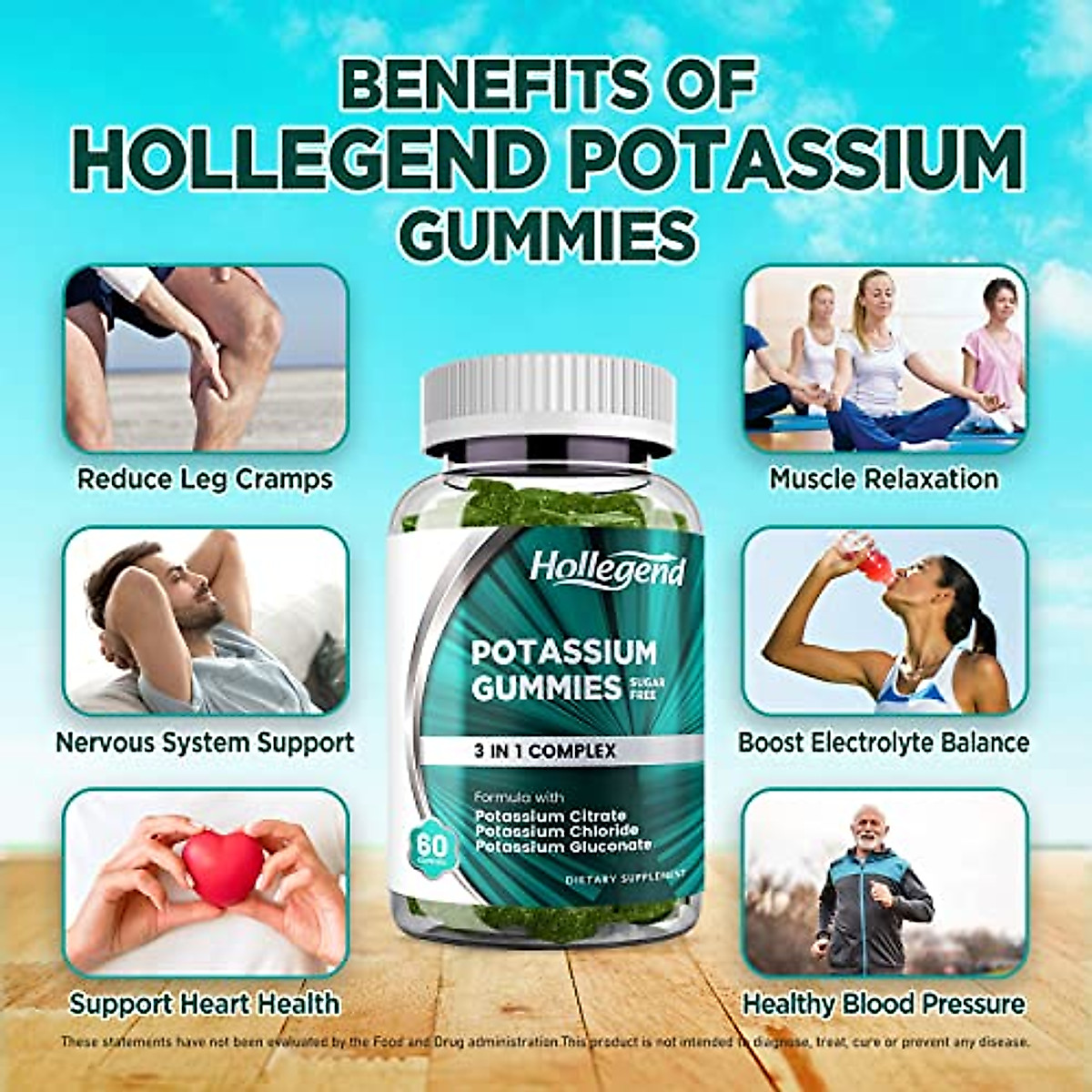 Potassium 3 in 1 Complex Gummies Sugar Free, New Formula with 99mg Potassium Citrate, Potassium Chloride, Potassium Gluconate, Leg Cramps & Muscle Supplements, 120 Chewables