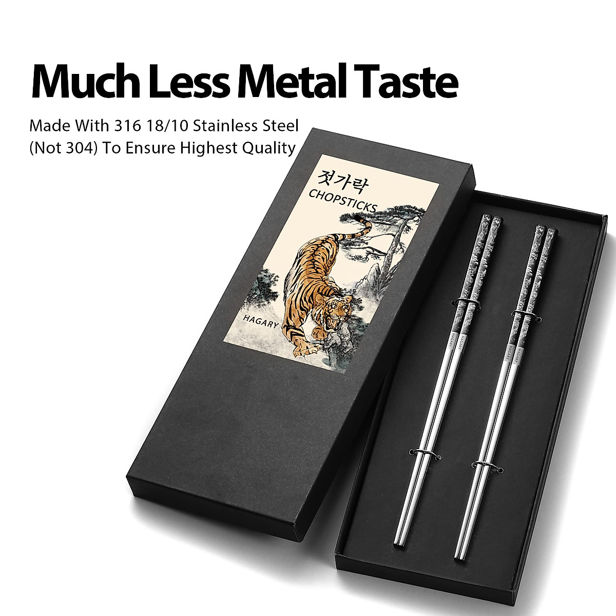 Hagary Tiger Chopsticks Metal Chopsticks Reusable Designed In Korea Japanese Style Stainless Steel 316 18/10 Non-Slip Dishwasher Safe Laser Etched (Black - 2 Pairs)