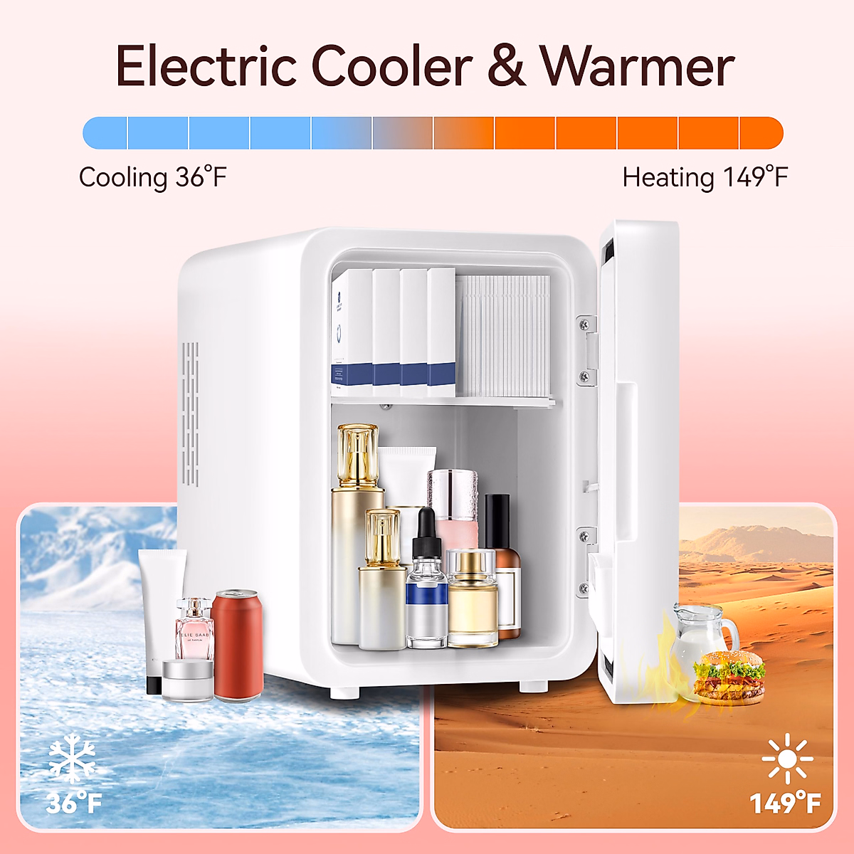 Skincare Fridge With Dimmable LED Mirror, 4L Makeup Mini Fridge for Bedroom, Cosmetics, SkinCare, Cooler & Warmer, Portable Small Refrigerator for Car, Office and Food- White