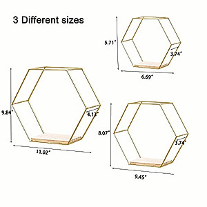 ZUIDSYI Wall Mounted Hexagon Floating Shelves, Metal Framed Gold Shelf with Wooden Wall Floor Storage Shelves, Modern Wall Decor for Living Room, Bedroom, Kitchen, Office, Set of 3 Size
